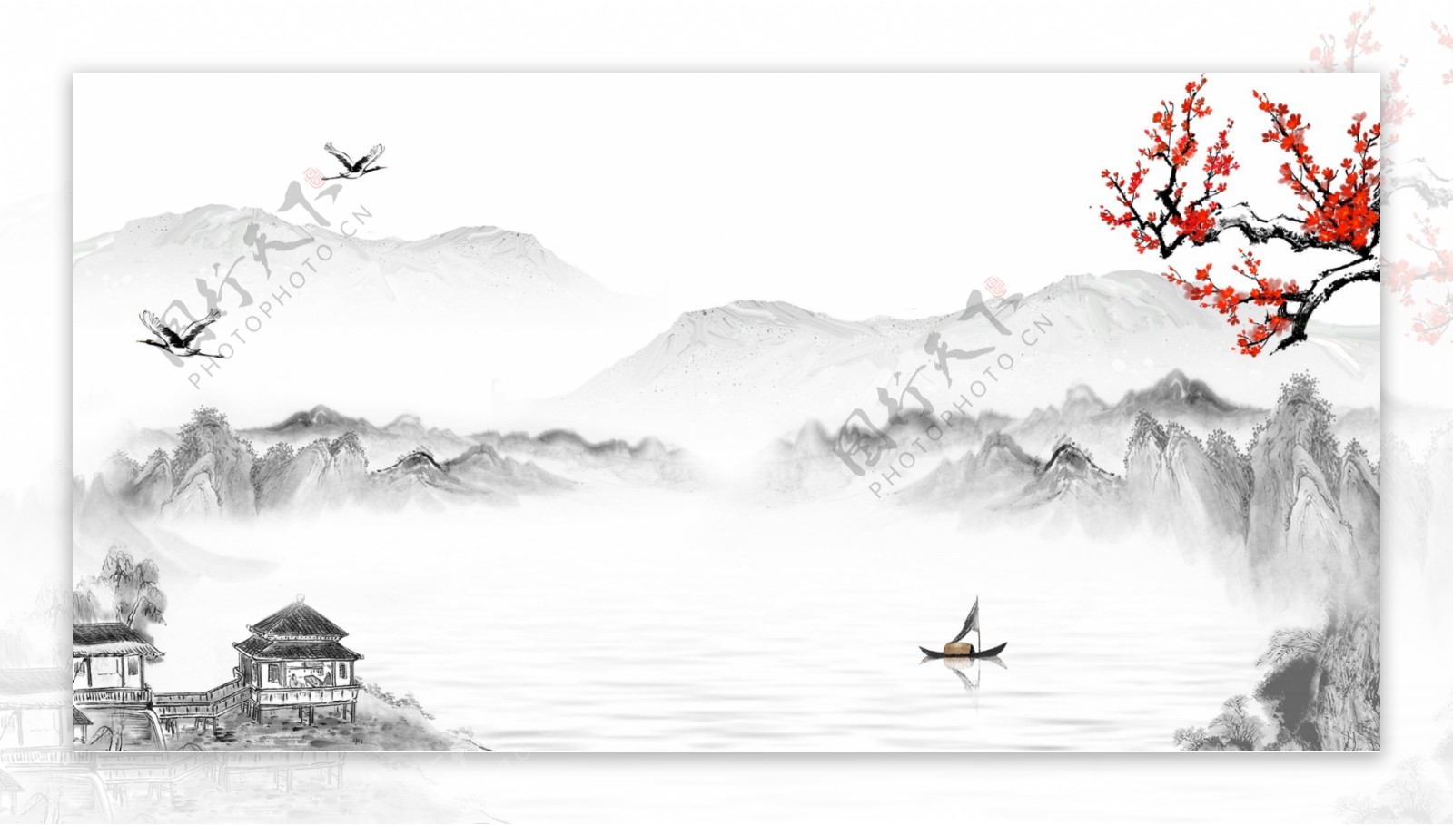 中国风水墨山水古建筑梅花渔船海报图片素材-编号32371368-图行天下