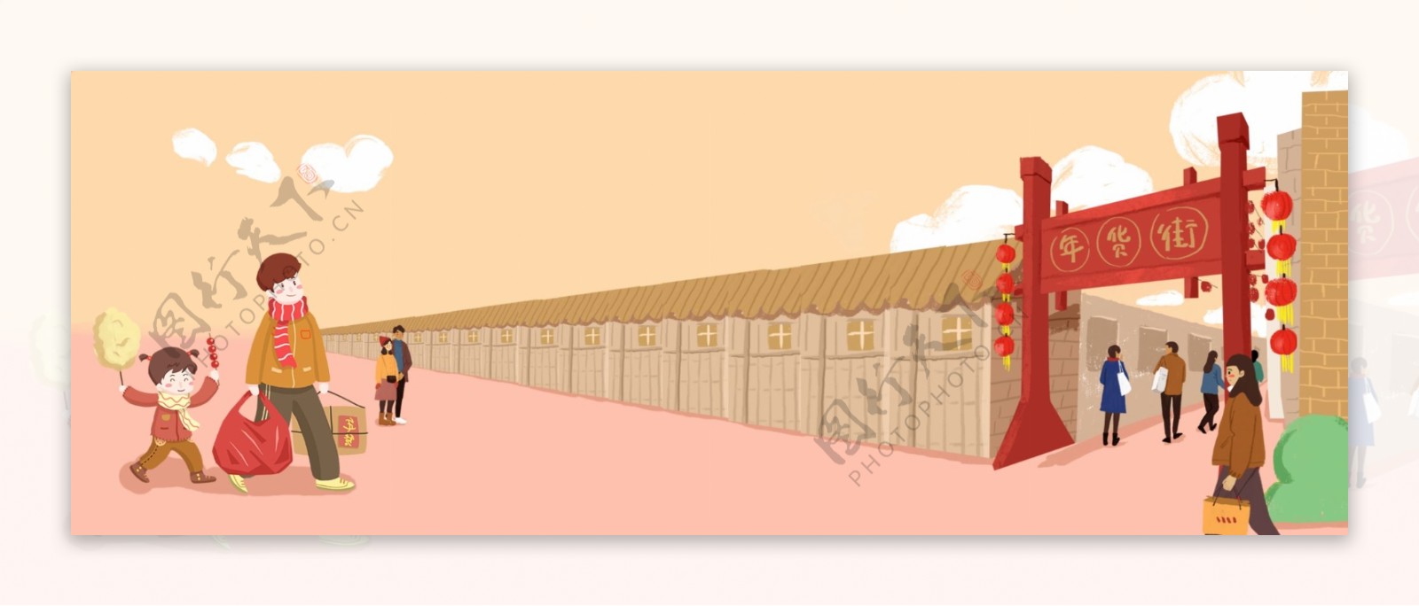 年货节手绘母女买年货背景图片素材-编号32371568-图行天下